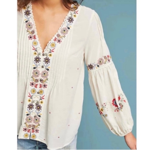 Anthropologie | Tops | Anthropologie Embroidered Top Peasant Boho Floral Cottagecore Vanessa ...